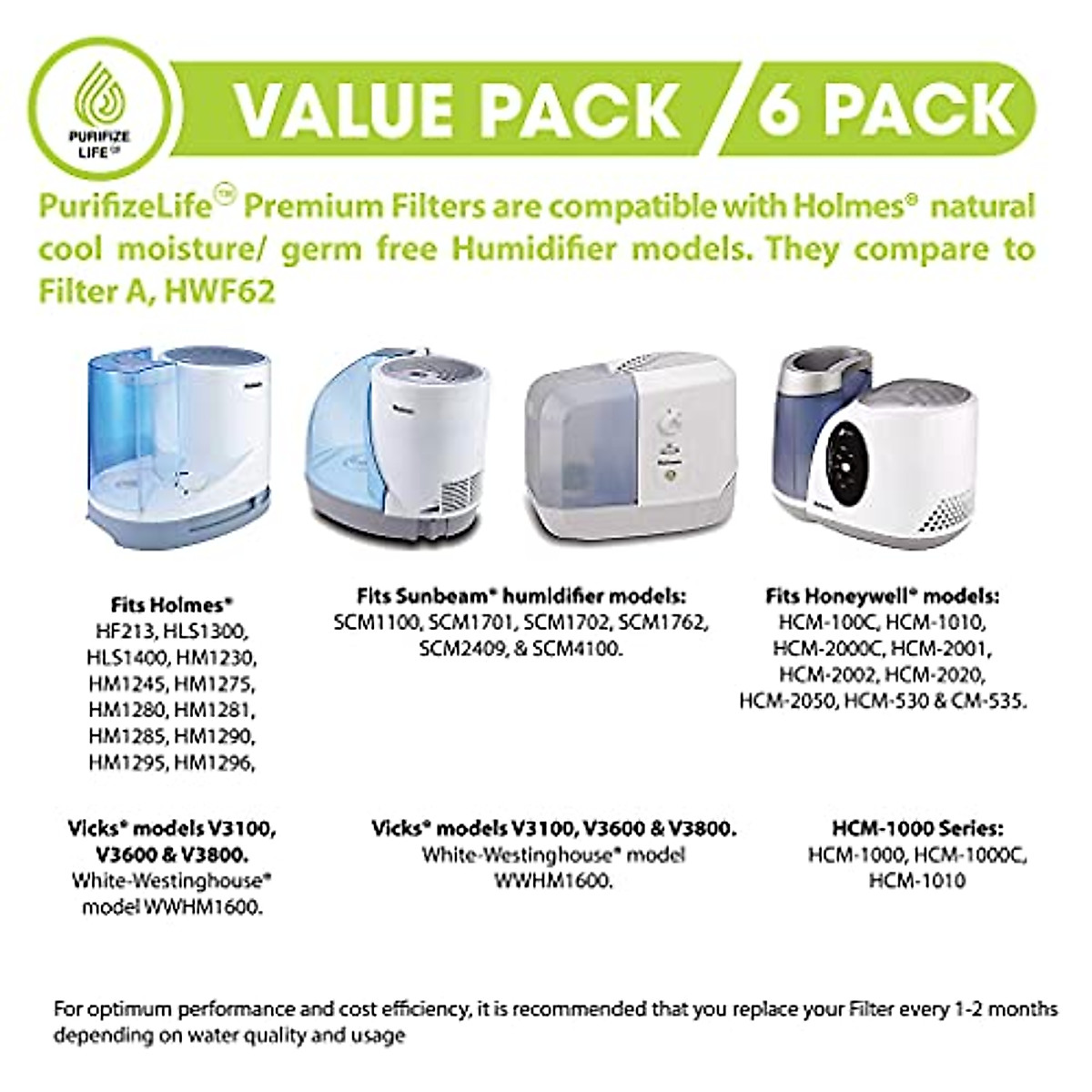 PURIFIZE LIFE Premium Replacement Wick Filter for Holmes Humidifier HWF62, HWF62S HWF62D Filter A and Other Sunbeam Cool Mist Models (3 Pack)