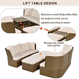 XD Designs 5-Piece Outdoor Patio Daybed Convertible Sofa Set, All-Weather PE Wicker Conversation Set with Washable Cushions and Liftable Coffee Table for Garden Backyard Poolside (Beige+HD)