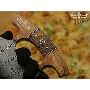 Lara Eagle Damascus Steel Ulu Knife, Celtic Knot Handle made of Exotic Rose Wood and Olive wood, 6 inch blade One-Handed Rocker Knife with Leather Sheath