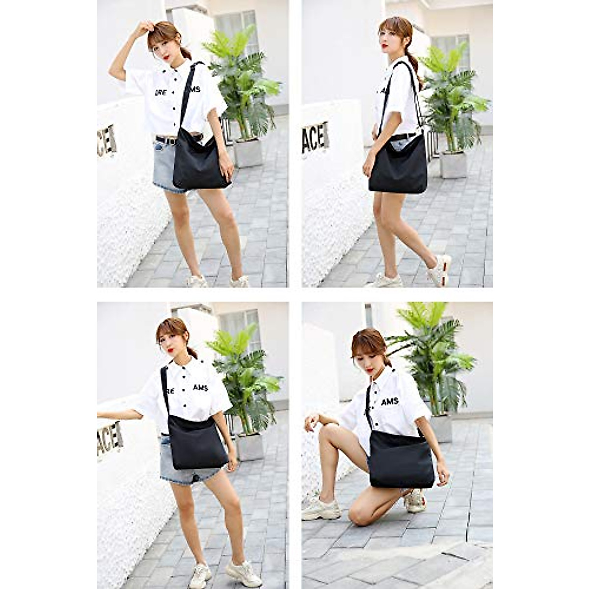 Mfeo Women's Retro Large Size Nylon Shoulder Bag Crossbody Handbag Casual Tote (Black)