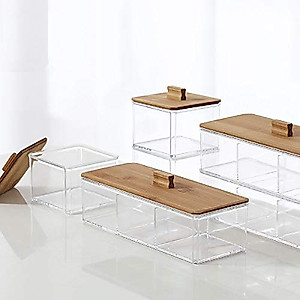 Yuema Clear Acrylic Cotton Pads Holder with Wooden Lid, Cotton Balls Swab Holder Container, Q-tip Dispenser Organiser Makeup Pad Box, Cosmetic Storage Case Bathroom