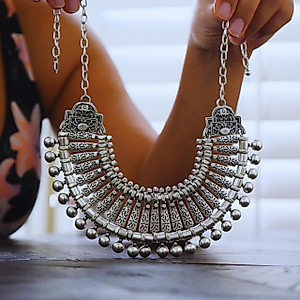 Gypsy Boho Bib Choker Coin Necklace Gothic Chunky Silver Statement Jewelry for Women Statement Vintage Silver