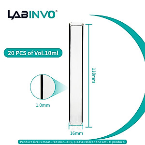 LABINVO 10ml Glass Round Bottom Test Tubes, Thickness 1.0, 16x100mm, Pack of 20, IN-TTG10