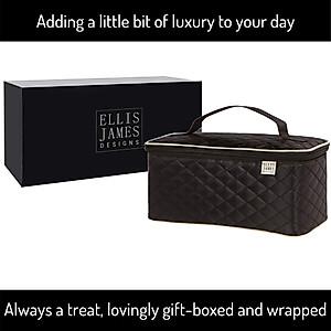 Ellis James Designs Large Travel Makeup Bag Organizer - Cosmetics Train Case Toiletry Bags for Women - Black - With Handle & Make Up Brush Holders - Professional Hair Dryer Cases & Beauty Storage