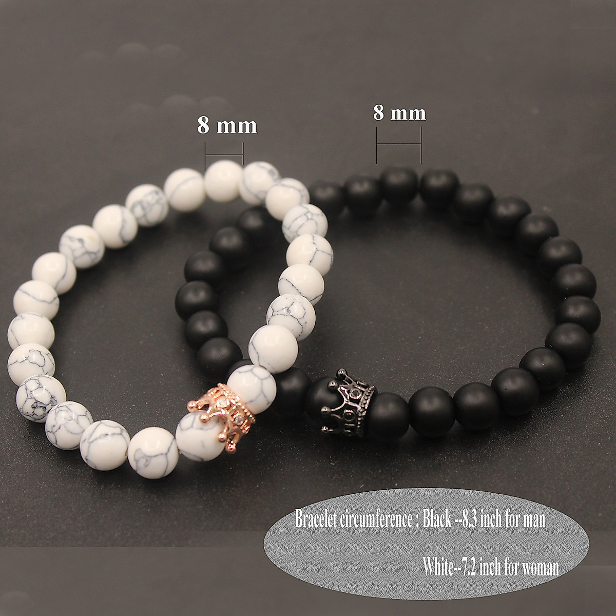 UEUC Distance Couple Bracelets with CZ Crown King&Queen Black&White Howlite 8mm Beads Bracelet