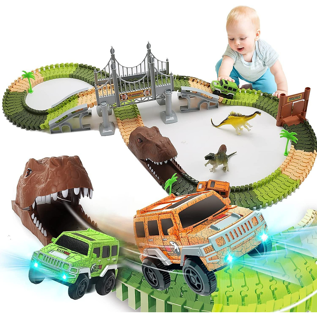 EagleStone 194 Pcs Dinosaur Race Car Tracks Set for Kids,Flexible Train Tracks to Create A Dino World Road with Bridge,2 Electric Cars with LED Light,Best Gift for Toddlers Boys and Girls