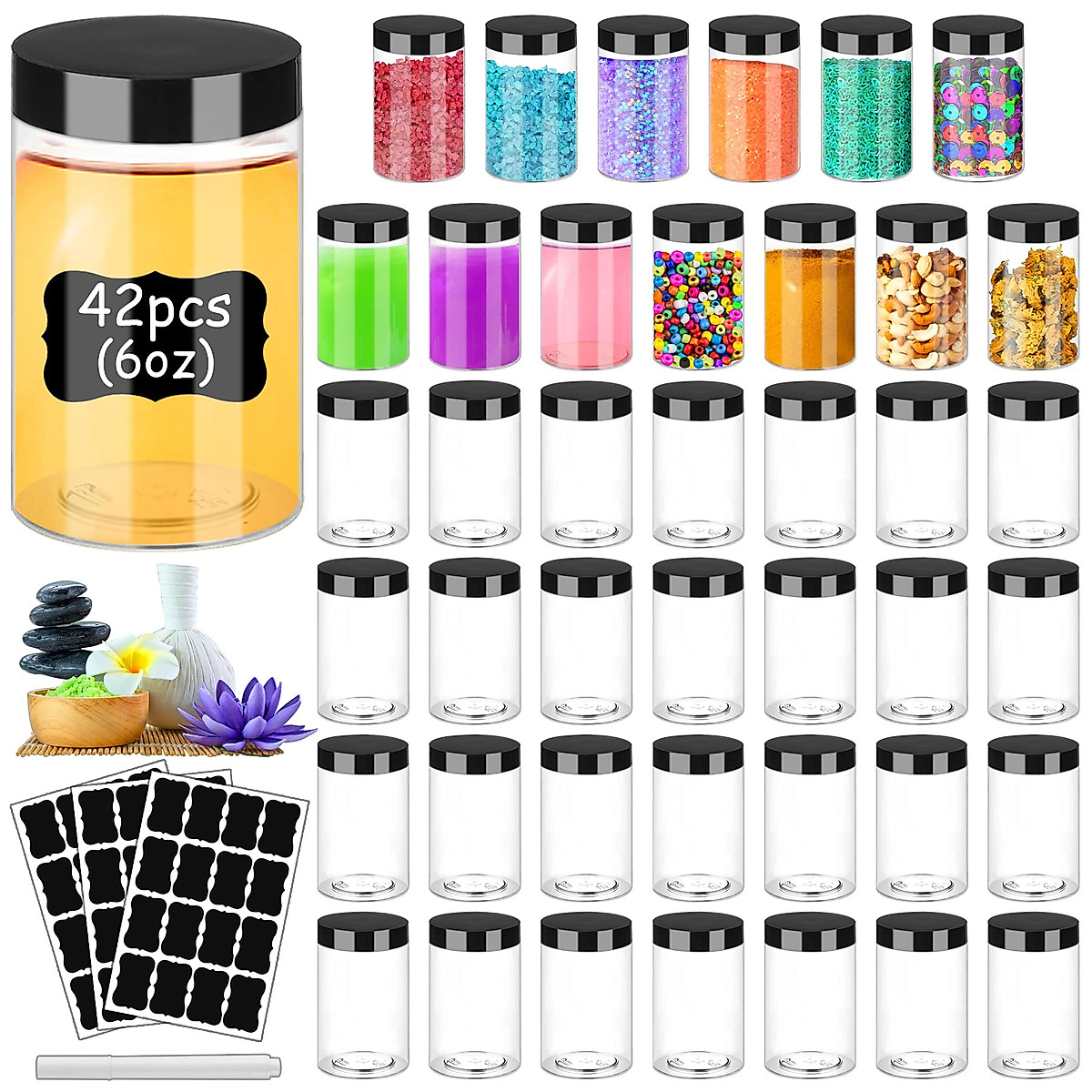 Hajoyful Plastic Jars with Lids 6OZ 42PCS,Small Cosmetic Slime Containers Clear Travel Round Jars Empty Refillable Sample Containers Leak Proof Pot with Black Lids for Lotion, Cream, Body Scrub