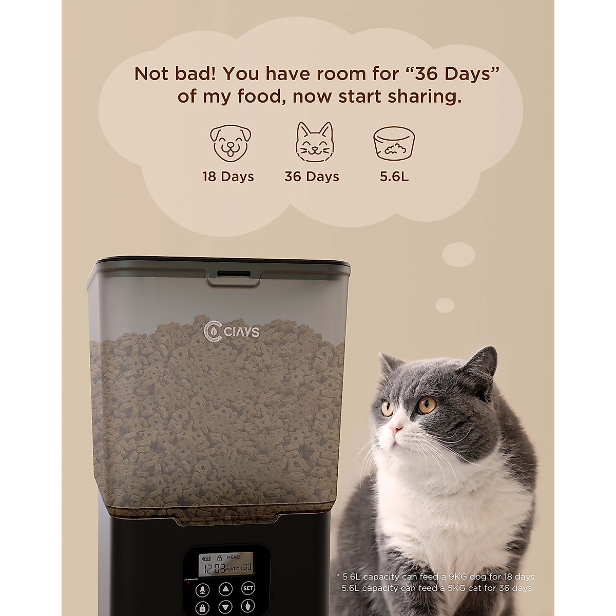 Ciays Automatic Cat Feeder, 5.6L, 4 Meals Per Day, Pet Dry Food Dispenser, Dual Power Supply & Voice Recorder, Black