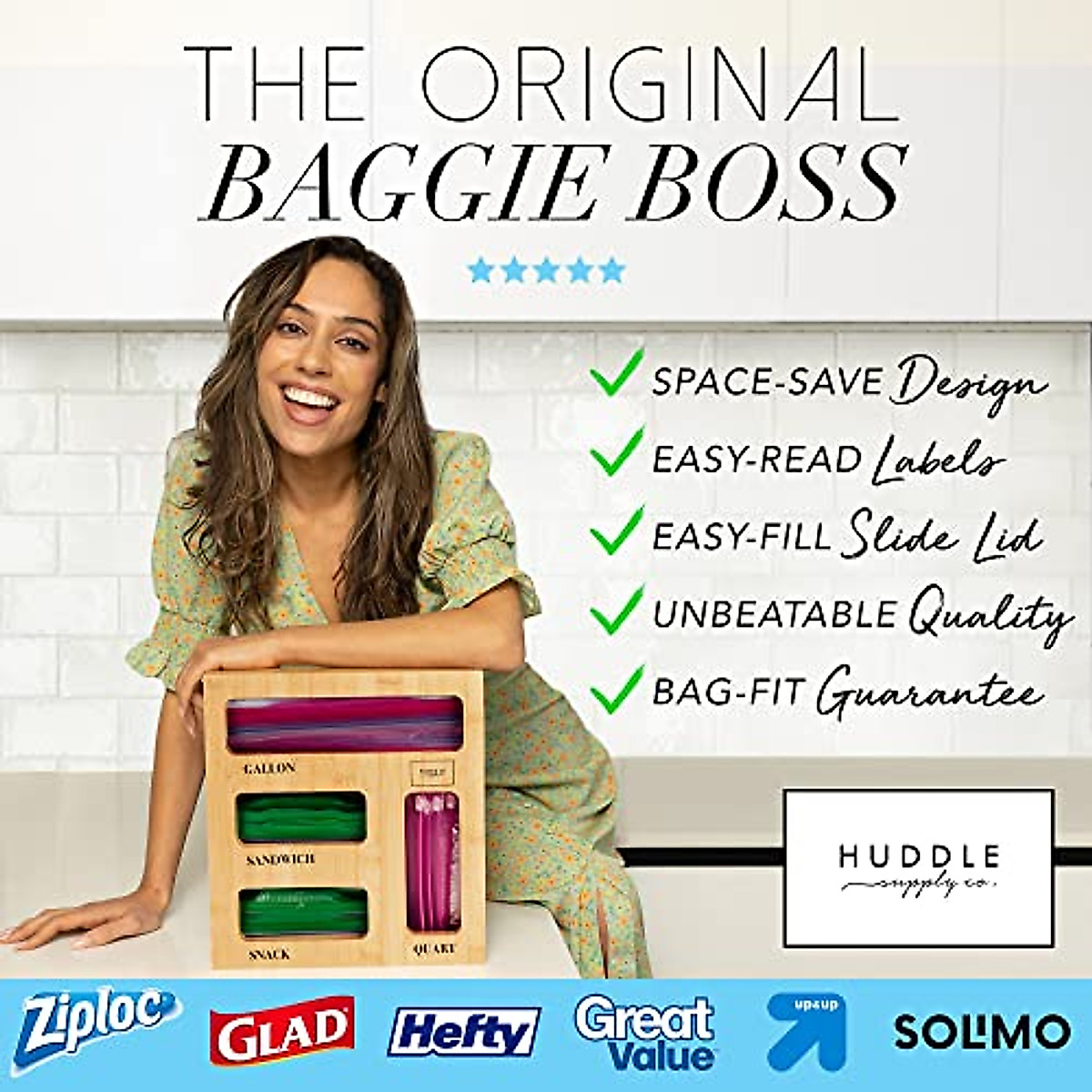 HUDDLE Food Storage Bag Organizer - Slide-Lid Easy-Load Ziplock Bag Organizer 4 Section Bamboo Ziplock Bag Organizer for Drawer, Counter, Wall Baggie Organizer