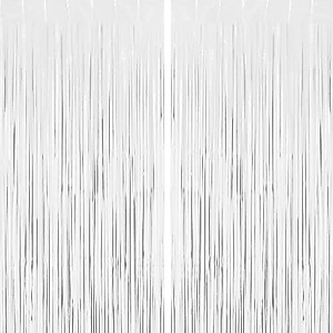 TOTAFAM White Fringe Curtains, Xtra Large Foil Fringe Curtains, Pack of 2 Foil White Backdrop Curtains Party Decorations for Birthday Wedding Bridal Shower Cocktail Christmas New Year Party
