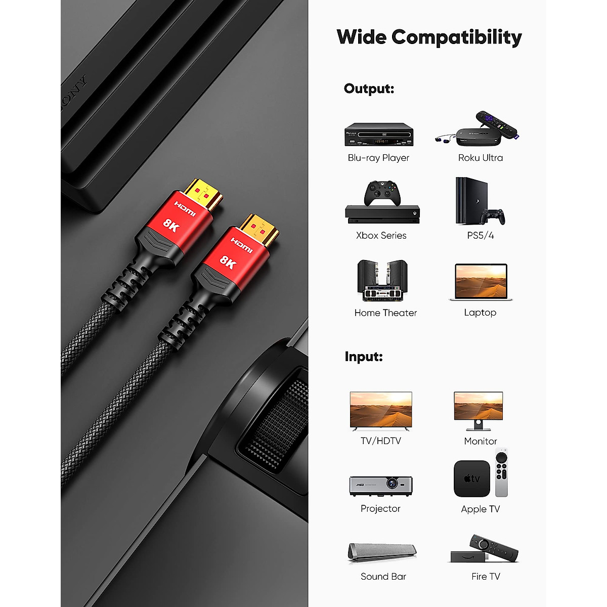 Highwings 8K 10K HDMI 2.1 Cable 6.6FT/2M 2-Pack, Certified Ultra High Speed HDMI Cable Braided Cord-4K@120Hz 8K@60Hz, DTS:X, HDCP 2.2 & 2.3, HDR 10 Compatible with Roku TV/PS5/HDTV/Blu-ray