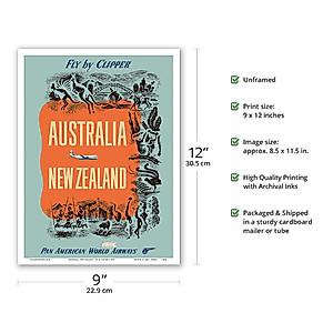 Australia - New Zealand - Fly by Clipper - Pan American World Airways - Vintage Airline Travel Poster c.1951 - Master Art Print (Unframed) 9in x 12in