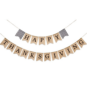 Whaline Happy Thanksgiving Banner Rustic Thanksgiving Bunting Banner White Black Buffalo Plaid Thanksgiving Hanging Decoration Supplies for Farmhouse Home Party Mantle Fireplace Wall Window