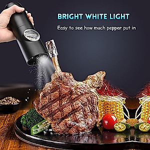 Rechargeable Electric Salt and Pepper Grinder Set, Adjustable Coarseness Automatic Salt or Pepper Mill Shakers, With Charging Base, USB Type-C Cable, LED Lights, One Hand Tact Switch Operation