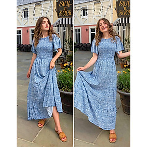 ZESICA Women's 2025 Summer Casual Floral Print Short Flutter Sleeve Crew Neck Smocked High Waist Flowy Maxi Dress,Blue,Large