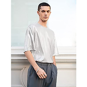 WDIRARA Men's Metallic Crewneck Short Sleeve Party Club Oversized Tee Shirt Top Silver M