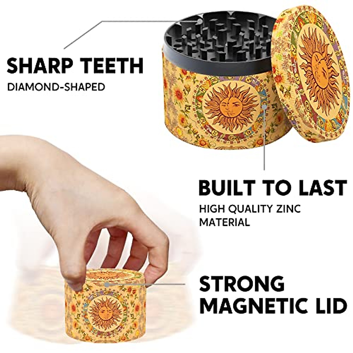 JOYTOP Grinder, 2.5 inch Vintage Boho Sun and Moon Grinder (Yellow)