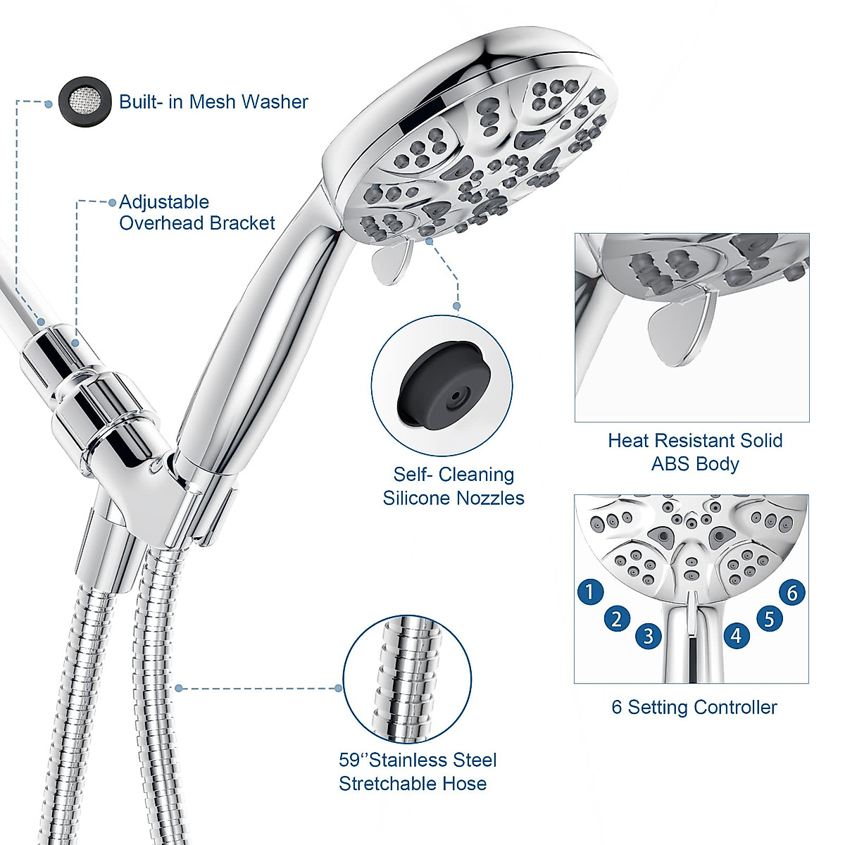 6 Functions Handheld Shower Head Set High Pressure Shower Head High Flow Hand Held Showerhead Set with 59 Inch Hose Bracket Teflon Tape Rubber Washers