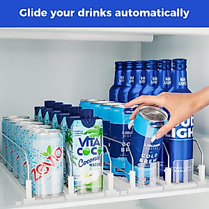 Puricon Drink Organizer for Fridge Pusher Glide, Spring Loaded Fridge Drink Dispenser, Self Pushing Soda Can Organizer for Refrigerator, Beer Bottle Beverage Organizer Drink Holder -2 Rows, White