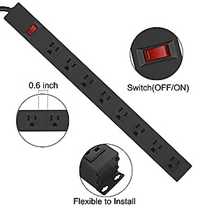 Metal 8 Outlet Mountable Power Strip, Wall Mount Outlet Power Strip Heavy Duty, Wide Spaced Commercial Shop Power Strip with Switch, 15A 125V 1875W, 6 FT SJT 14AWG Power Cord (6FT) Black