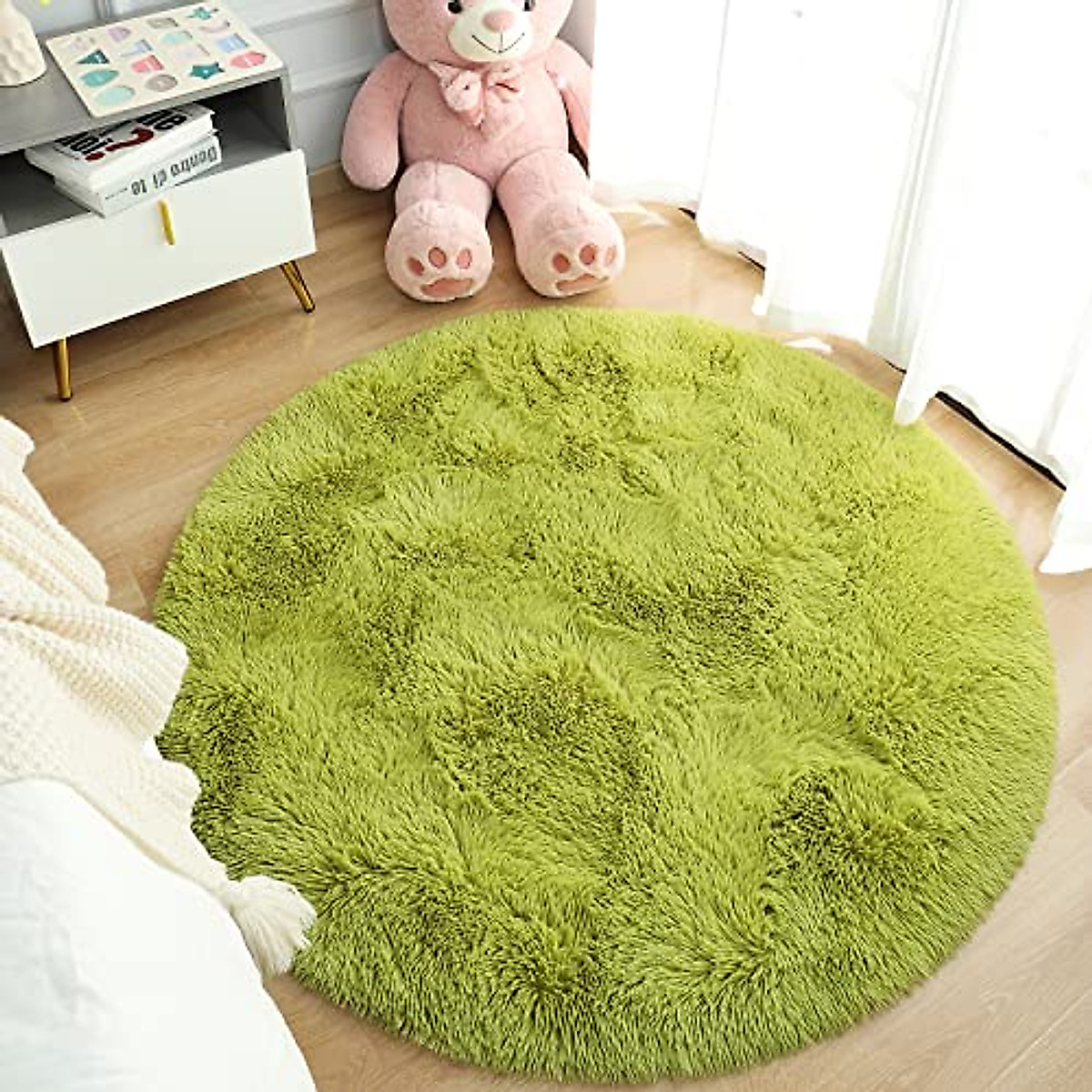 Chicrug Fluffy Round Area Rugs for Girls Bedroom, 4x4 Feet Shaggy Circle Area Rug for Living Room, Soft Fuzzy Carpets for Princess Room, Cute Rug Kids Circular Playmats for Baby Nursery Home, Green