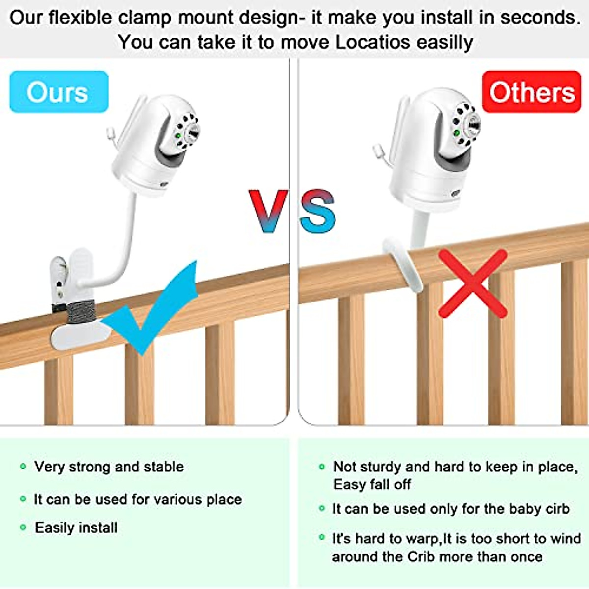 Baby Monitor Mount Compatible with Infant Optics DXR-8 and DXR-8 PRO , 15.7 inches Flexible Long Gooseneck ArmBaby Camera Holder Stand for Crib Nursery, Without Tools or Wall Damage