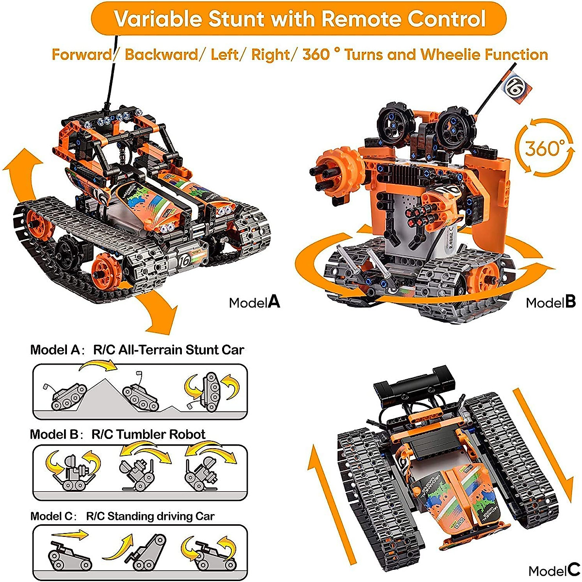Remote Control Monster Truck DIY Building Set – RC Toy for Kids Science Learning, DIY Educational Gift Set for Age 6 7 8 9 10 11 12+ Boys & Girls, 3 in 1 Variable Stunt Modes - 392 Pcs Set