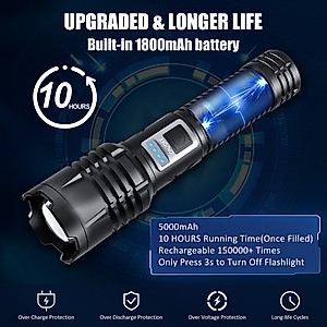 Zavuxo Rechargeable LED Flashlights high lumens,100000 Lumens Super Bright Tactical Flashlights,Waterproof Handheld Flashlight with 5 Mode,Built-in Battery,Zoomable for Emergencies Camping