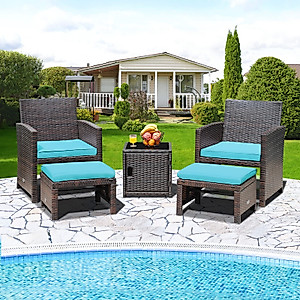 Tangkula 5 Pieces Wicker Patio Furniture Set, Patiojoy Conversation Chair and Ottoman Set with Single-Door Storage Coffee Table and Cushions, Outdoor Lounge Chair Chat Set, Space-Saving (Turquoise)