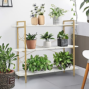 fusehome 3 Tier Bookshelf, Modern Open Low 3 Shelf Bookcase,Small Book Shelves for Bedroom, Wood and Metal Display Shelves Storage Bookshelves,for Home Office,Living Room, Kitchen,White&Gold