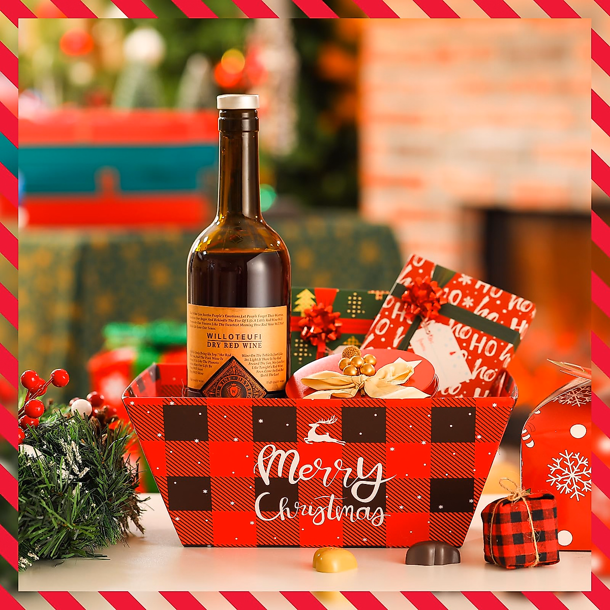 Tenceur 24 Pcs Christmas Baskets for Gifts 10 x 8 Inch Empty Basket with Handle Christmas Baskets for Gifts Wine Gift Basket Empty Red Sturdy DIY Bulk Gift Basket Kraft Market Tray Basket with Handles