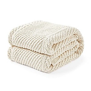 Amélie Home Herringbone Chenille Knit Throw Blanket, Textured Soft Warm Cable Knitted Throw Blankets, Farmhouse Rustic Cozy Knot Braided Crochet Blanket for Couch Bed, Ivory, 50"x 60"