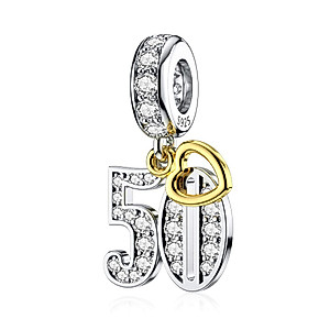 Silver 50th Birthday Charms Anniversary Golden Heart 50 Years of Love Dangle Beads for Pandora Bracelets Necklaces