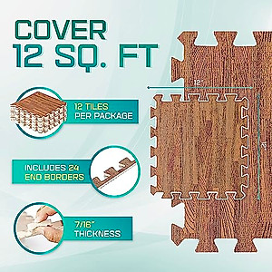 Yes4All Interlocking Floor Mats with Border â€“ Foam Floor Mats/Gym Floor Mats with EVA Interlocking Tiles (12 Square Feet â€“ Oak Wood Dark â€“ 12 Tiles), 12 Count (Pack of 1)