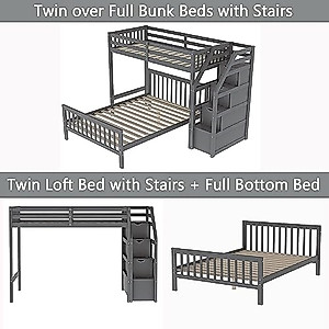 Harper & Bright Designs Twin Over Full Bunk Beds with Storage Stairs, Wooden Stairway Bunk Beds with Removable Bottom Bed and Guardrails for Kids Girls Boys,No Box Spring Needed (Grey)