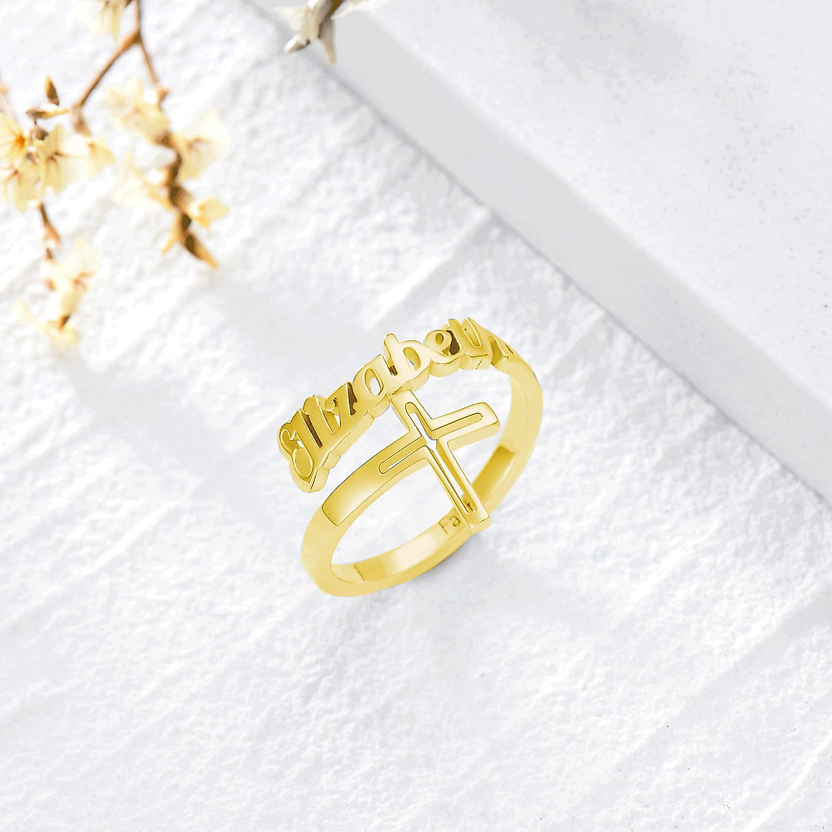 Cross Ring with Personalized Name Open Name Plate Adjustable Custom Ring Gift for Women Teen Girl (Gold, Sterling Silver)