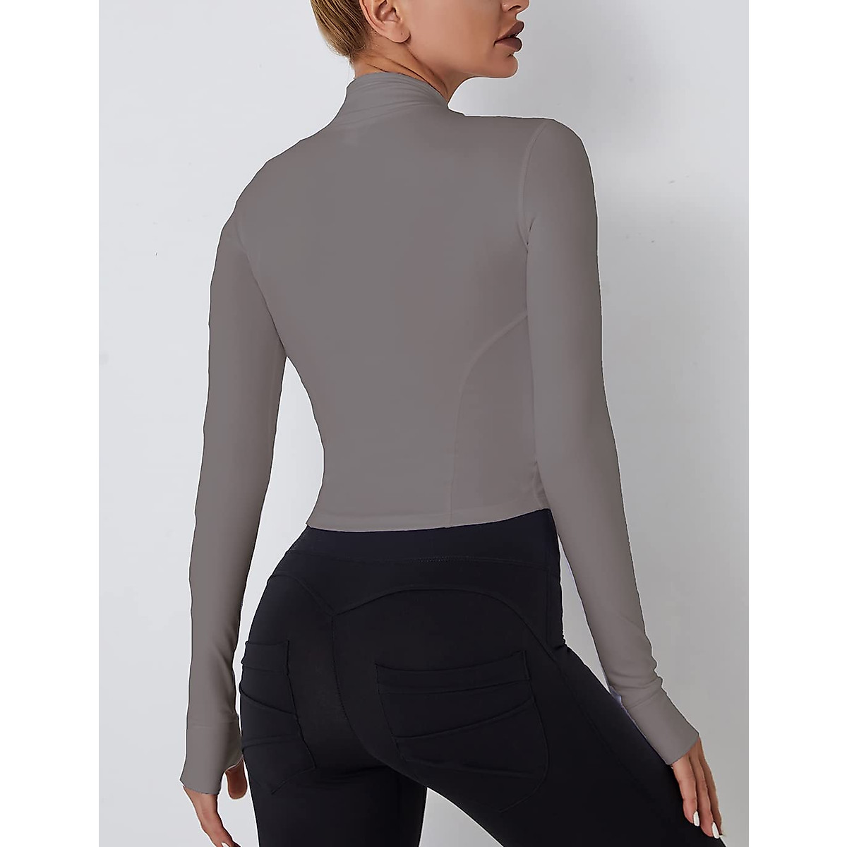 Fenclushy Womens Cropped Slim Athletic Yoga Workout Track Sports Zip Up Jacket with Thumb Holes(khaki,S)