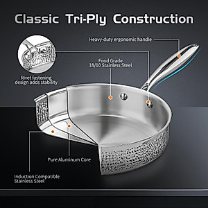 Aufranc Stainless Steel Pots and Pans Set with Glass Lid, 6pcs Hammered Cookware Set, Kitchen Induction Cooking Pot and Pan Set Suitable for All Cooktops, Oven & Dishwasher Safe, Non-Toxic (Silver)