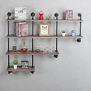 Womio 4-Tiers Industrial Floating Shelves Wall Mounted,63inch Rustic Pipe Shelf for Kitchen or Office Organizer,Real Wood&Metal Wall Shelf,Farmhouse Decorative Bookshelf,Retro Grey