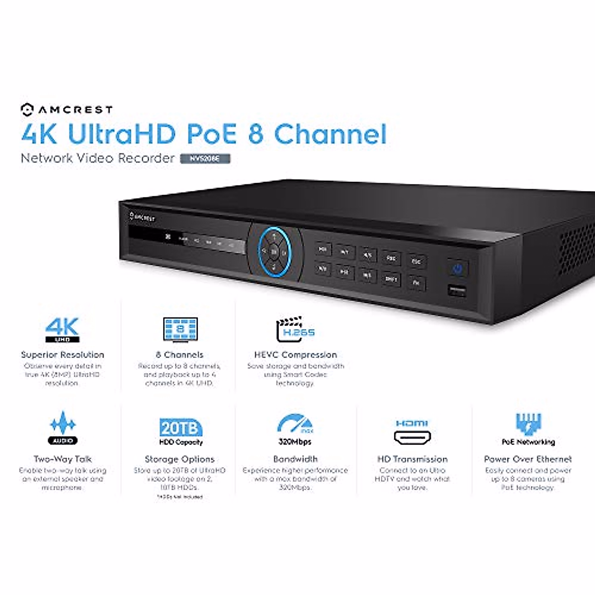 Amcrest 5Series 4K POE NVR 8CH 4K/6MP/5MP/4MP/3MP/1080P Network Video Recorder (8-Port PoE) - Supports up to 8 x 4K IP Cameras, Supports up to 2 x 10TB Hard Drives (Not Included)
