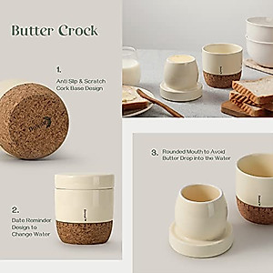 DOWAN Butter Crock for Counter, Butter Keeper with Cork Bottom and Waterline, French Butter Dish with Lid for Home Kitchen Decor, Ceramic Gift, Beige