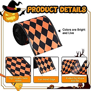 TONIFUL 2.5 Inch Orange Black Diamond Plaid Satin Ribbon Wired Edge Ribbon Thanksgiving Fall Halloween Christmas Wired Ribbon for Crafts Gift Tree Topper Wreath Bows Outdoor Indoor Decorations 6yds