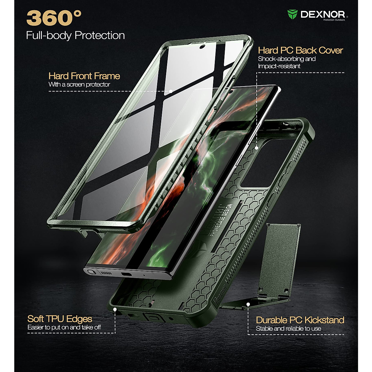 Dexnor for Samsung Galaxy Note 20 Ultra 5G Case, [Built in Screen Protector and Kickstand] Heavy Duty Military Grade Protection Shockproof Protective Cover for Samsung Galaxy Note 20 Ultra, Army Green