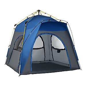 Outsunny Camping Tents 4 Person Pop Up Tent Quick Setup Automatic Hydraulic Family Travel Tent w/Windows, Doors Carry Bag Included, Blue