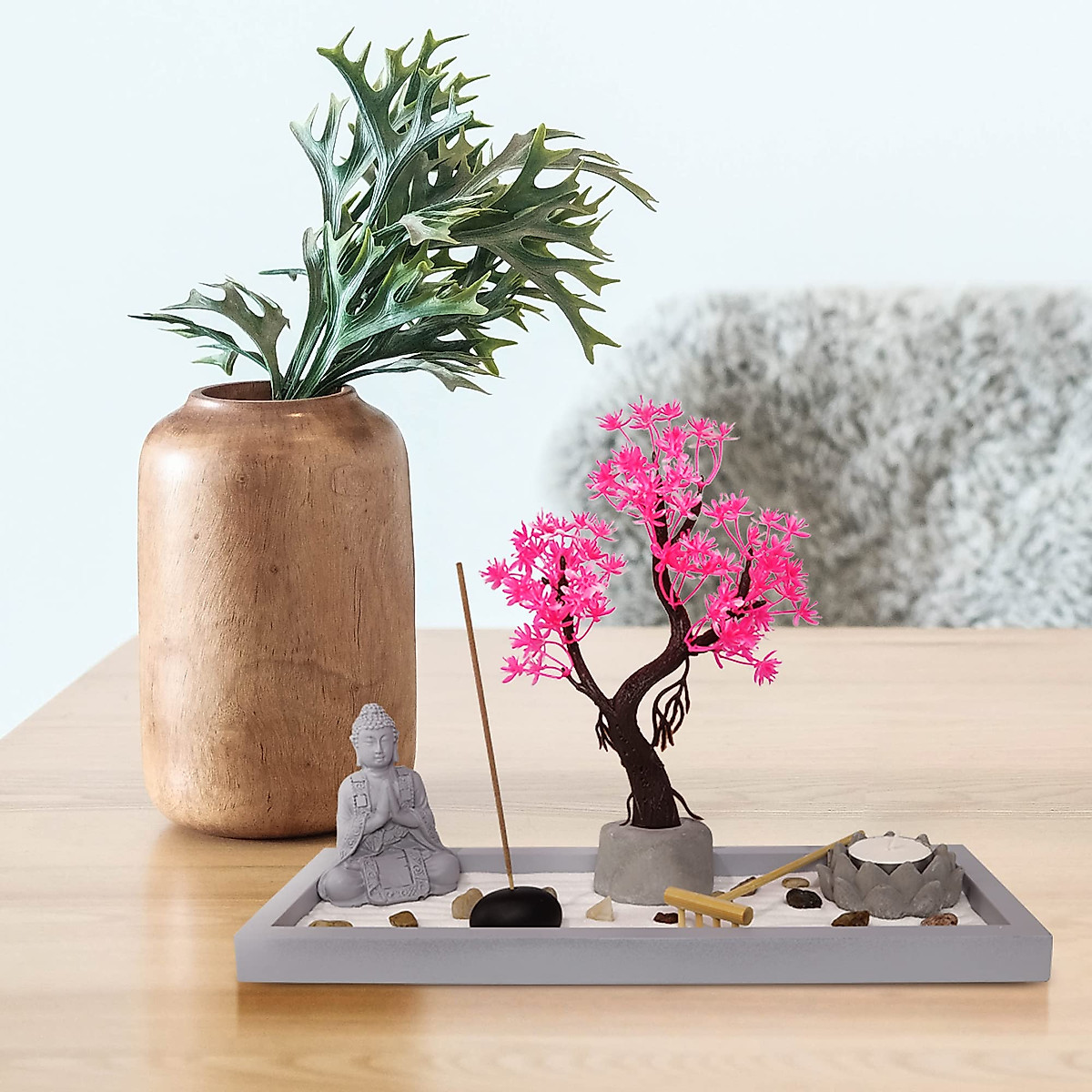 Zen Garden Incense Holder with a Mini Buddha Statue and a Tealight Candle Holder - Beautiful Zen Garden for Desk, Meditation Gifts, Zen Decor, and Japanese Art