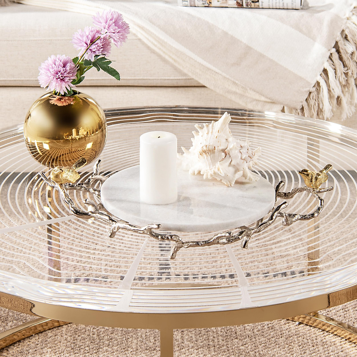 Vespa 17" Branch with Birds Decorative Round Marble Tray, White Marble