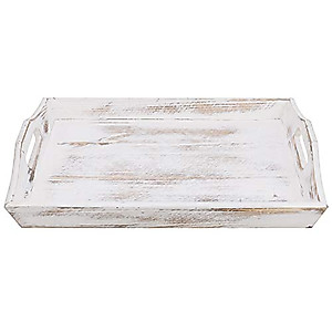 MyGift 16-inch Whitewashed Wood Decorative Serving Tray with Handles, Rectangular Breakfast OttomanTray