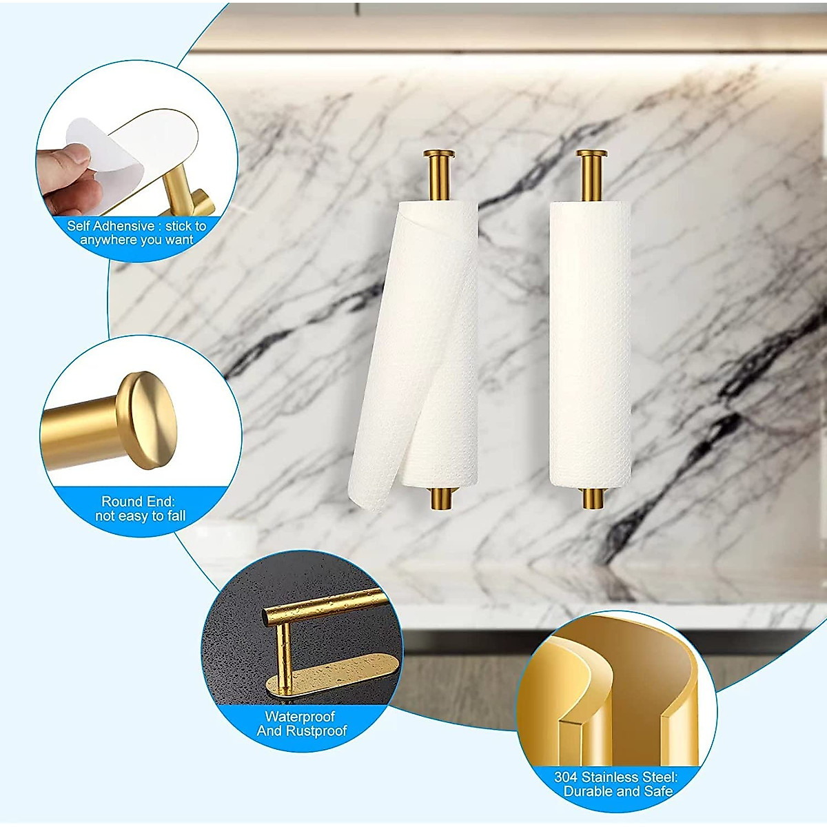 Paper Towel Holders,Paper Towels Rolls - for Kitchen,Paper Towels Bulk- Self-Adhesive Under Cabinet,Both Available in Adhesive and Screws,Stainless Steel Paper Towel Holder (Gold)