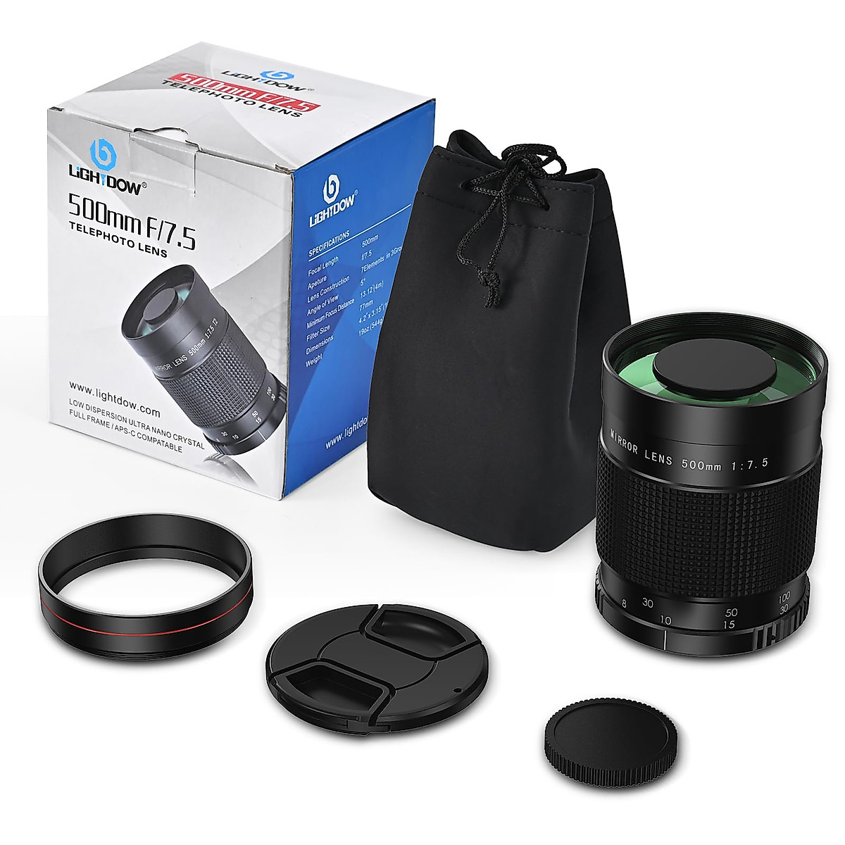 Lightdow 500mm f/7.5 Telephoto Reflex Mirror Lens for Canon EOS Rebel T1i T2i T3 T3i T4i T5 T5i T6 T7 T6i T6s T7i SL1 SL2 30D 40D 50D 60D 70D 77D 80D 1D 5D III IV 5Ds 6D 7D Mark II SLR Digital Cameras