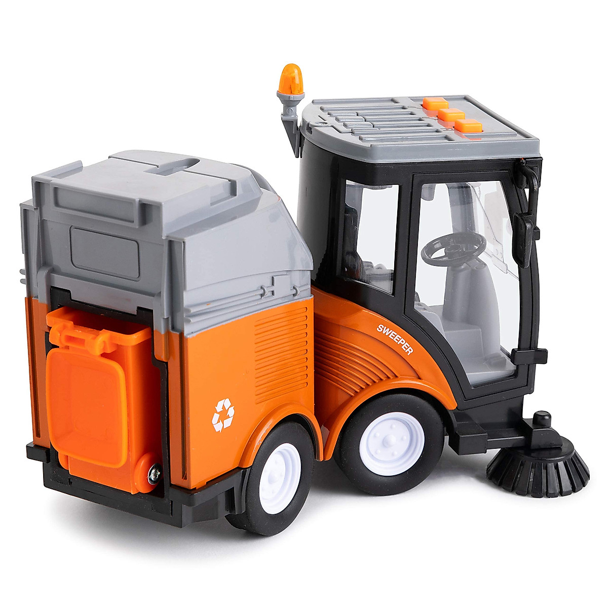 Toy To Enjoy Street Sweeper Toy Truck with Light & Sound Effects - Friction Powered Wheels, Removable Garbage Can & Rotating Brushes - Heavy Duty Plastic Cleaning Vehicle Toy for Kids & Toddlers